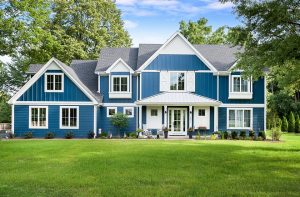 Modern Farmhouse with Blue Exterior - Home Bunch Interior Design Ideas